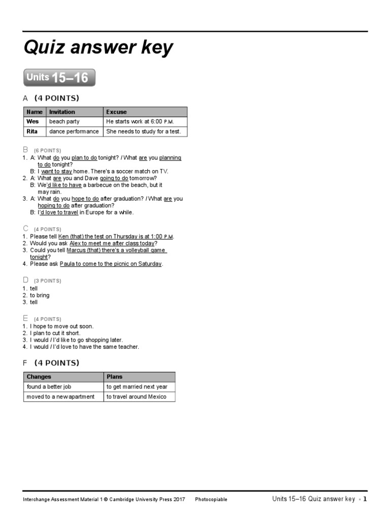 Quiz Answer Key: Units | PDF