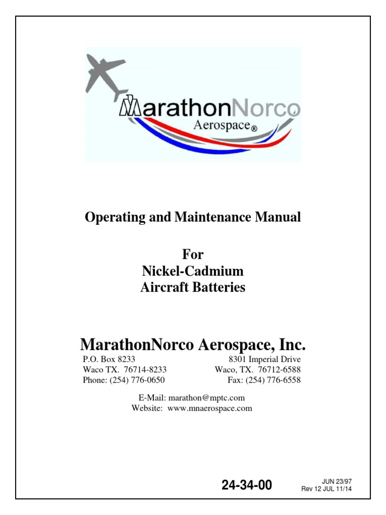 MarathonNorco Aircraft Battery Manual | PDF | Rechargeable Battery ...