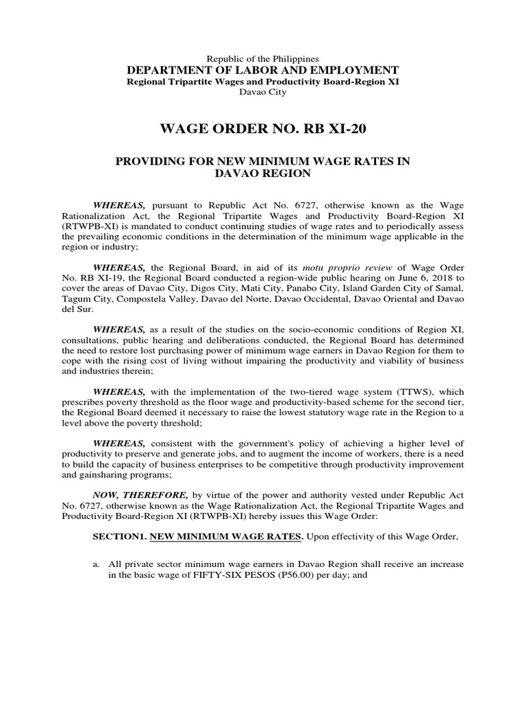 Wage Order No. RB XI-20-Published PDF | PDF | Injunction | Employment