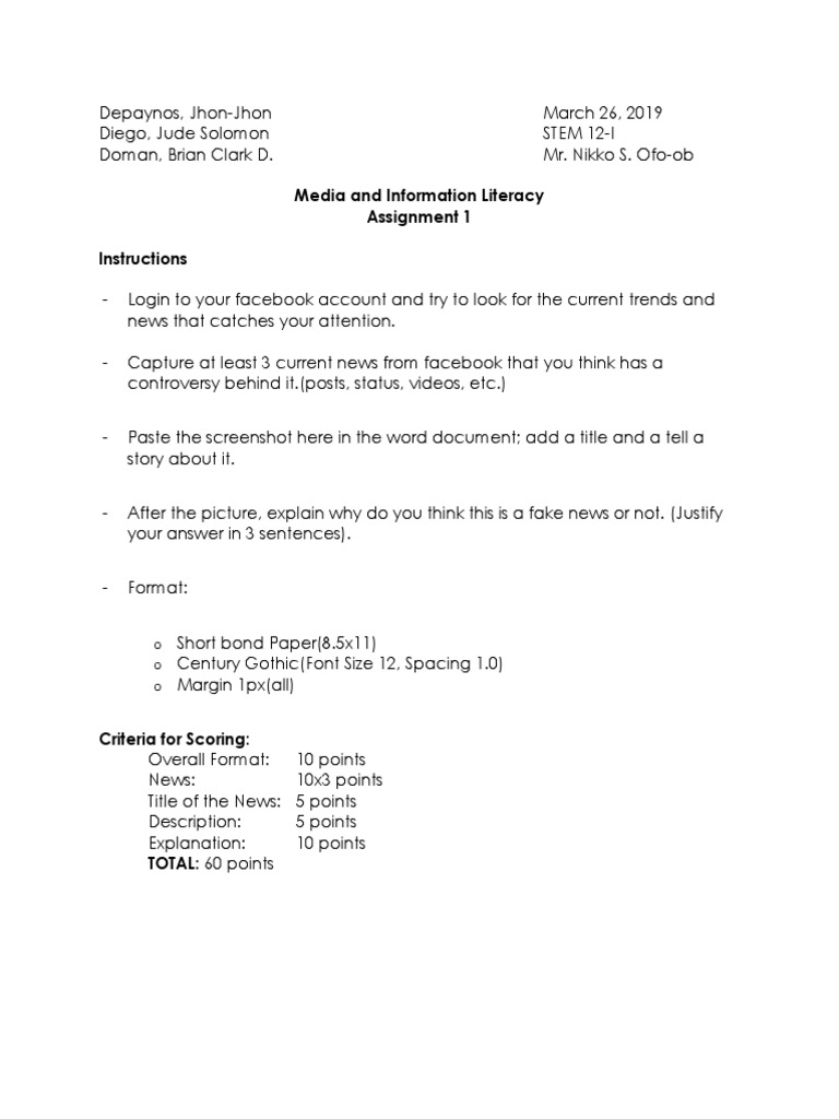 Media and Information Literacy Assignment 1 Instructions | PDF