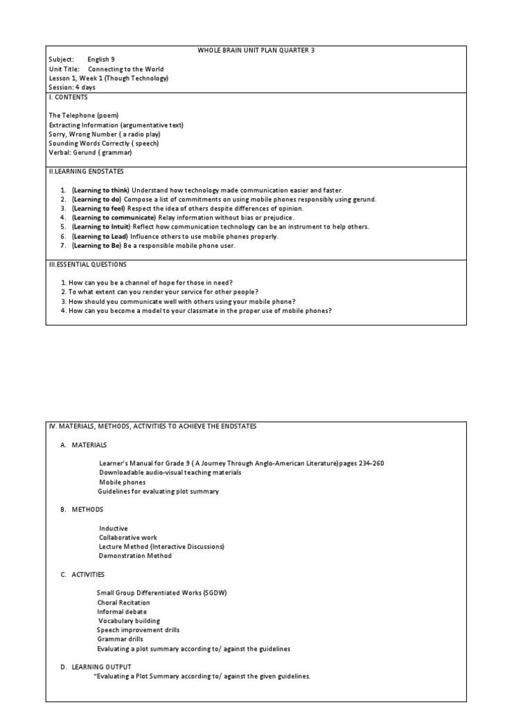 Whole Brain Unit Plan Quarter 3 (Autorecovered) | PDF | Educational Technology | Learning