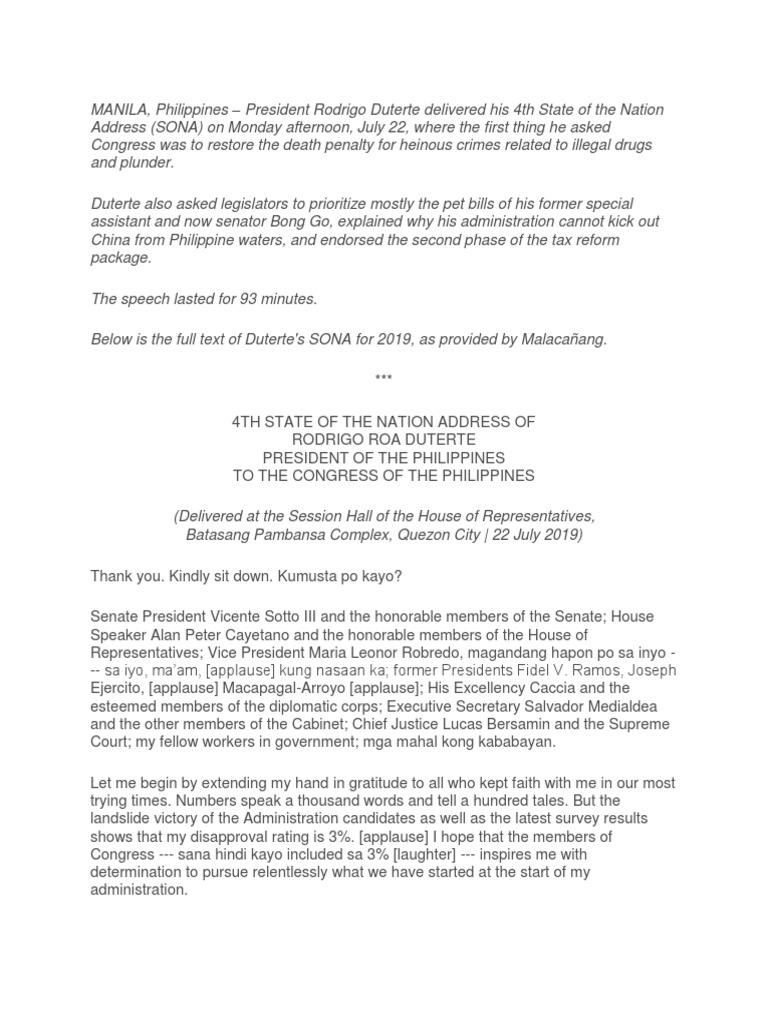 President Duterte 2019 SoNa | PDF | Rodrigo Duterte | President Of The ...