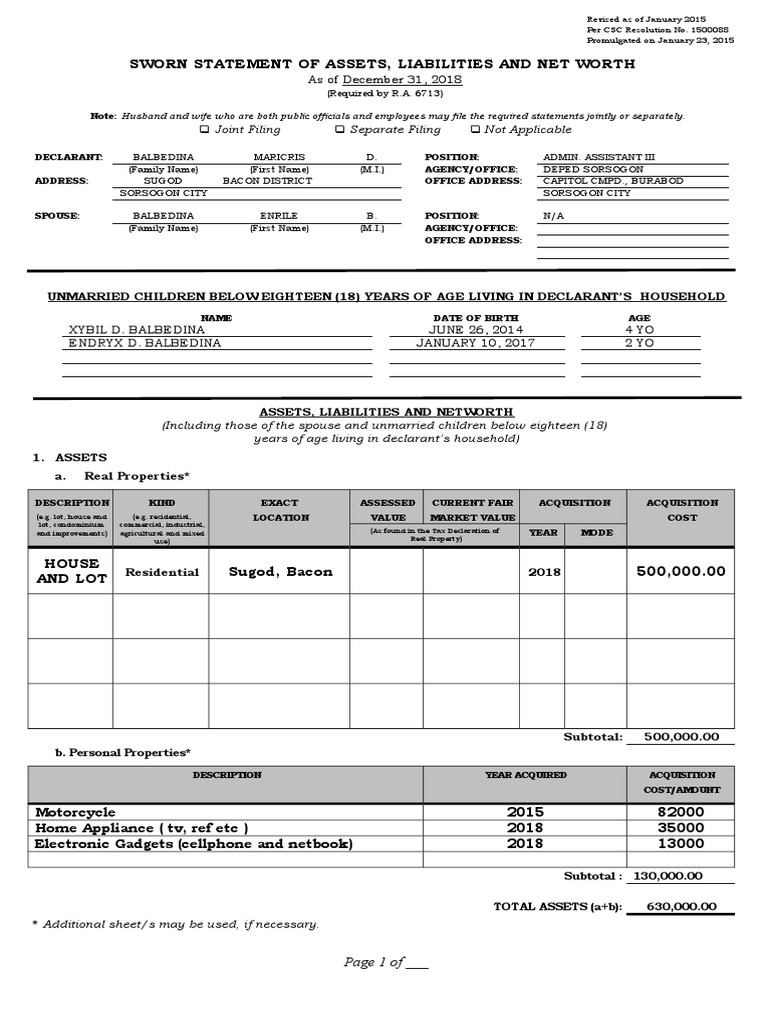SALN Form 2015 for Public Officials | PDF | Identity Document | Economies