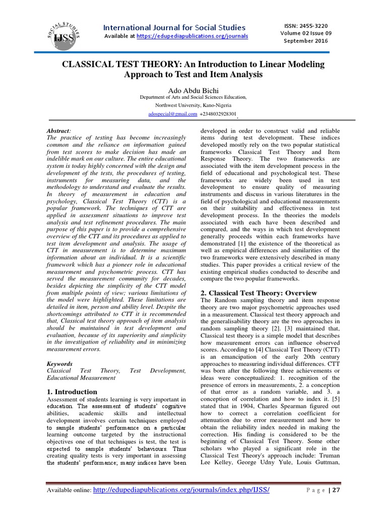 CLASSICAL TEST THEORY: An Introduction To Linear Modeling Approach To ...
