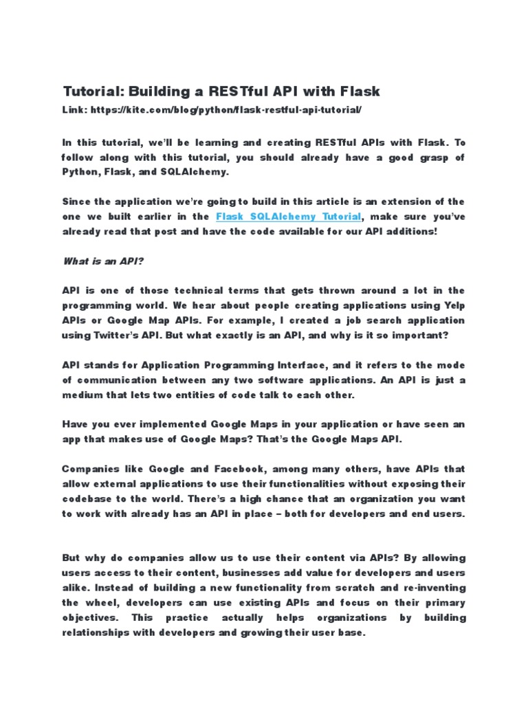 Tutorial Building A Restful Api With Flask What Is An Api Pdf Hypertext Transfer Protocol