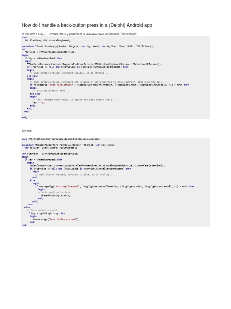 How Do I Handle A Back-Button Press in A (Delphi) Android App | PDF ...