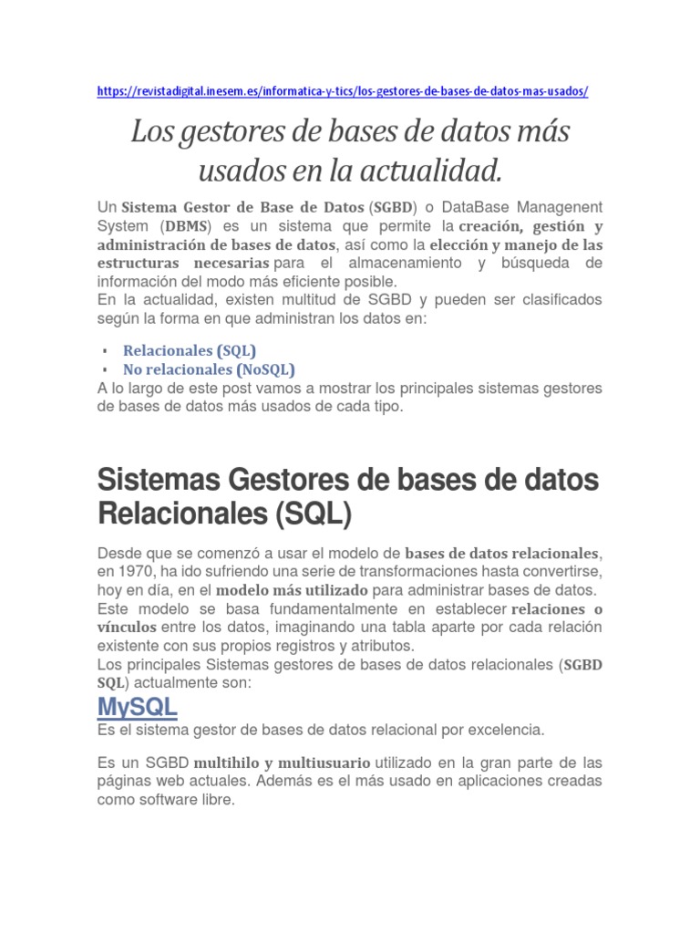 Gestores de Bases de Datos | PDF | No Sql | Bases de datos