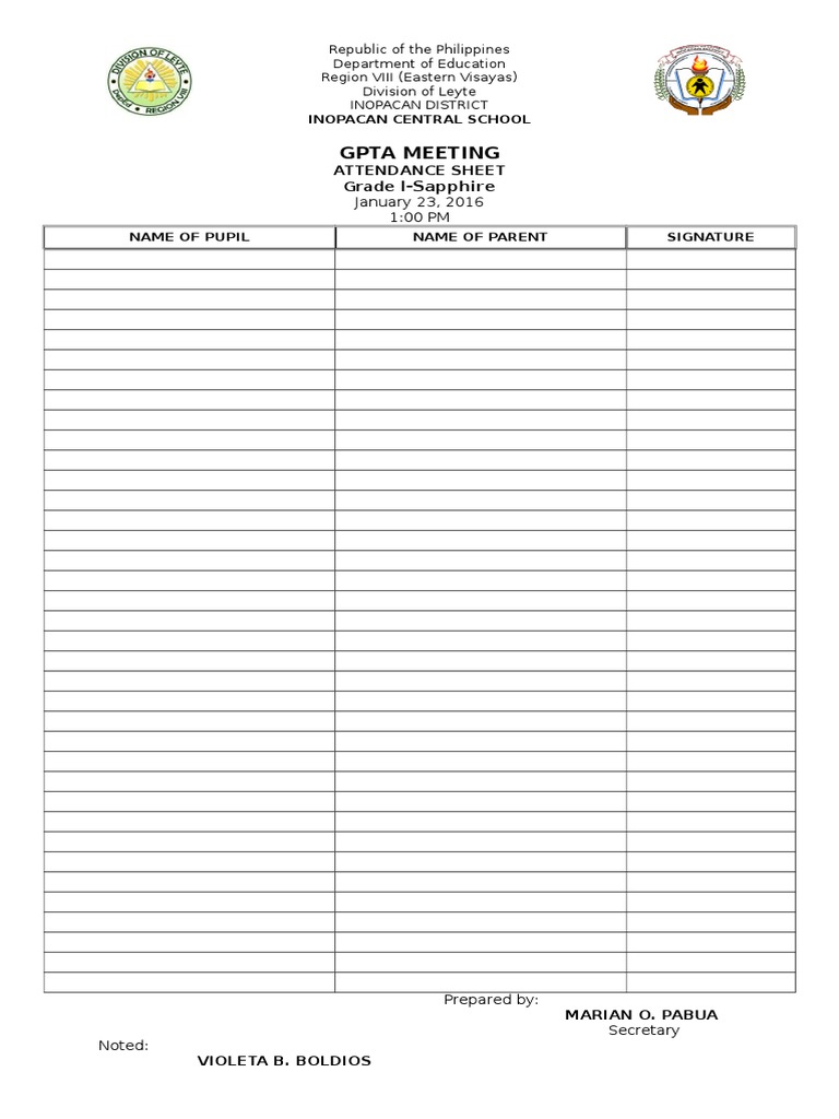 Gpta Meeting: Attendance Sheet Grade | PDF