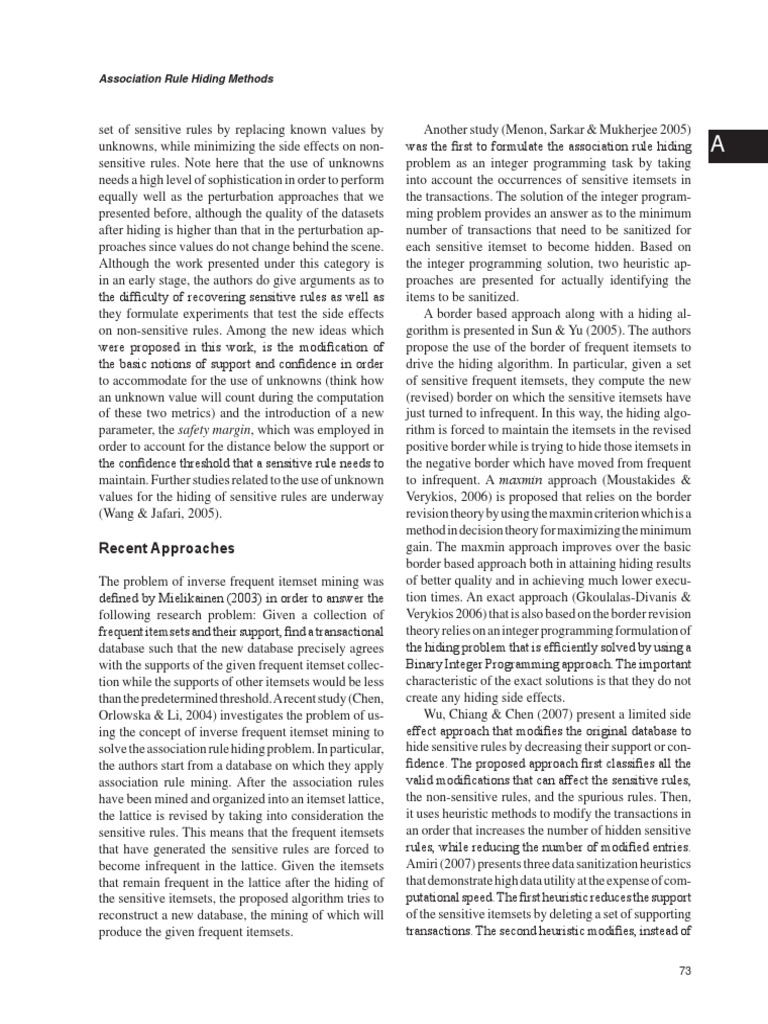 A Survey of Recent Approaches for Hiding Sensitive Association Rules | PDF | Algorithms And Data ...