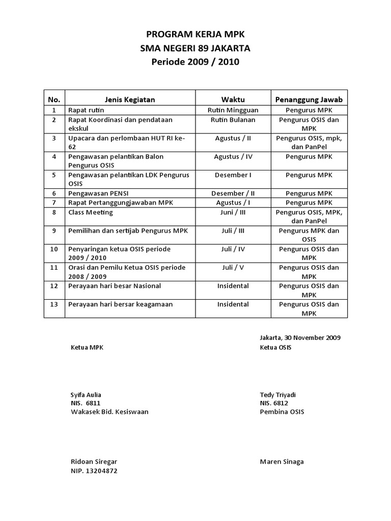 Program Kerja MPK | PDF