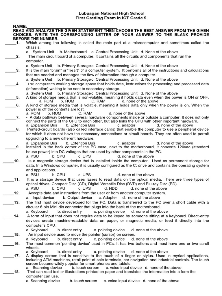 Lubuagan National High School First Grading Exam in ICT Grade 9 NAME ...