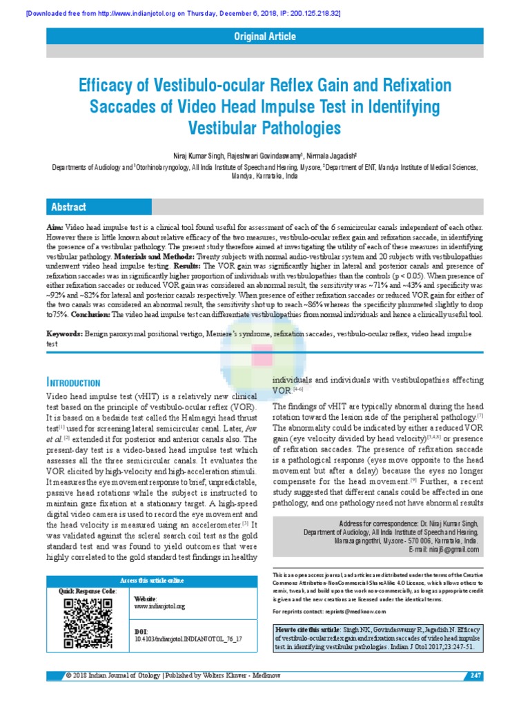 Efficacy of Vestibulo Ocular Reflex Gain and Refixation Saccades of ...
