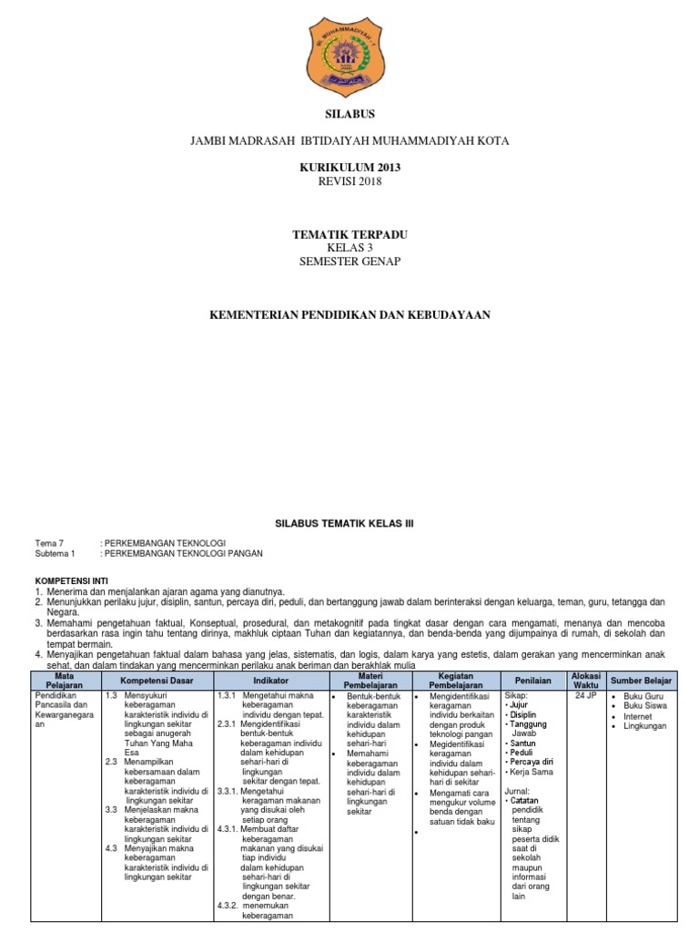 Silabus Tema 7 Kelas 3 Semester 2 | PDF