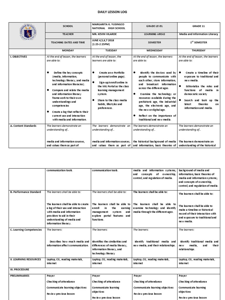 Media and Information Literacy Daily Lesson Log Week 1 | PDF ...