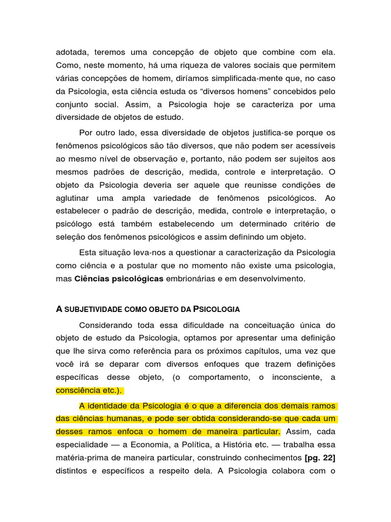 Subjetividade Como Objeto Da Sicologia | Humano | Subjetividade