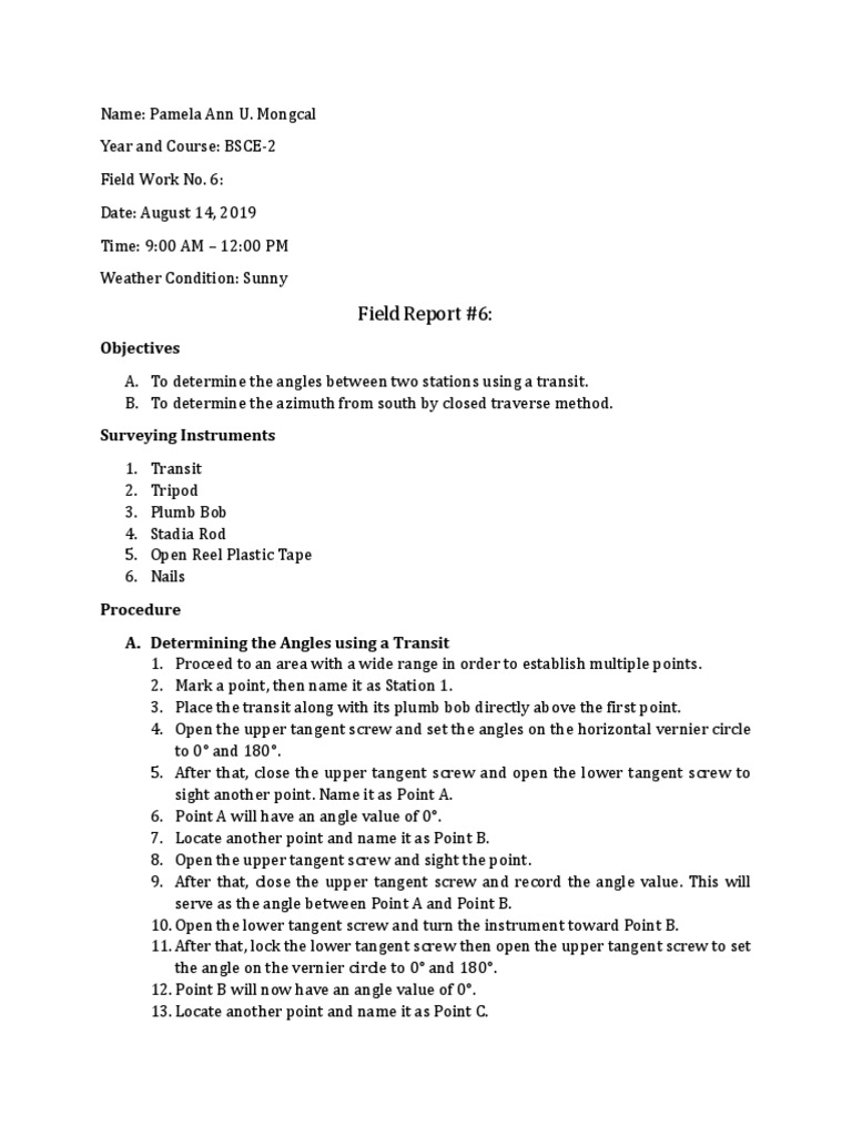 Field Report #6:: Objectives | PDF | Surveying | Angle