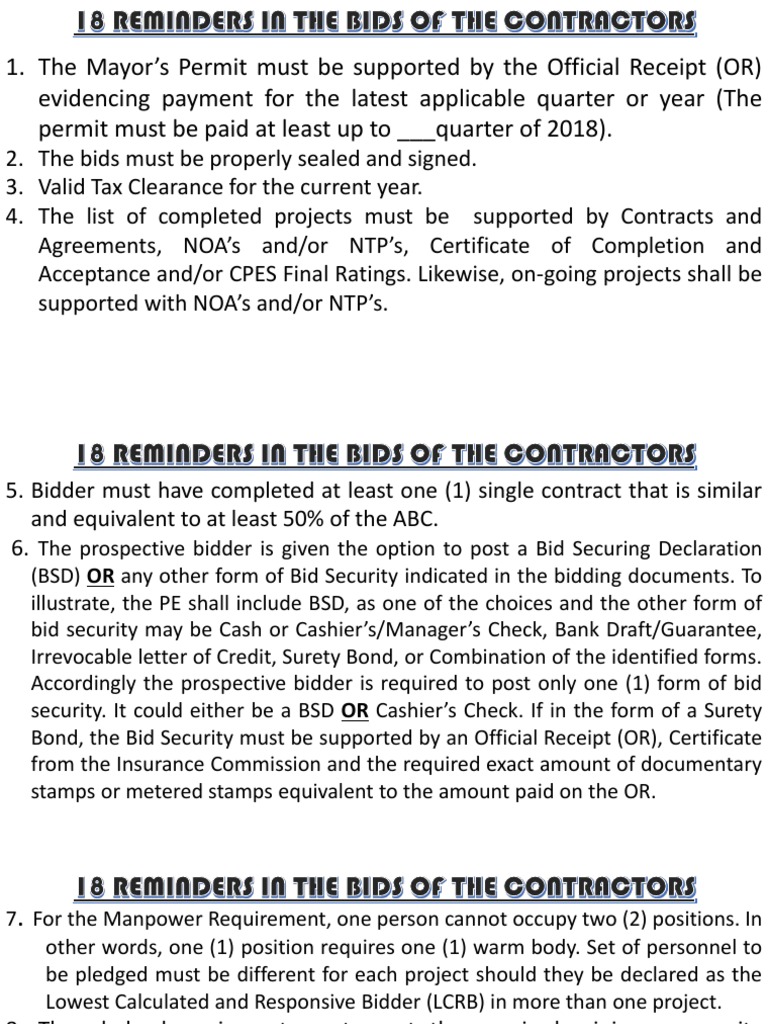 18 Reminders For Contractor | PDF | Cashier's Check | Surety Bond