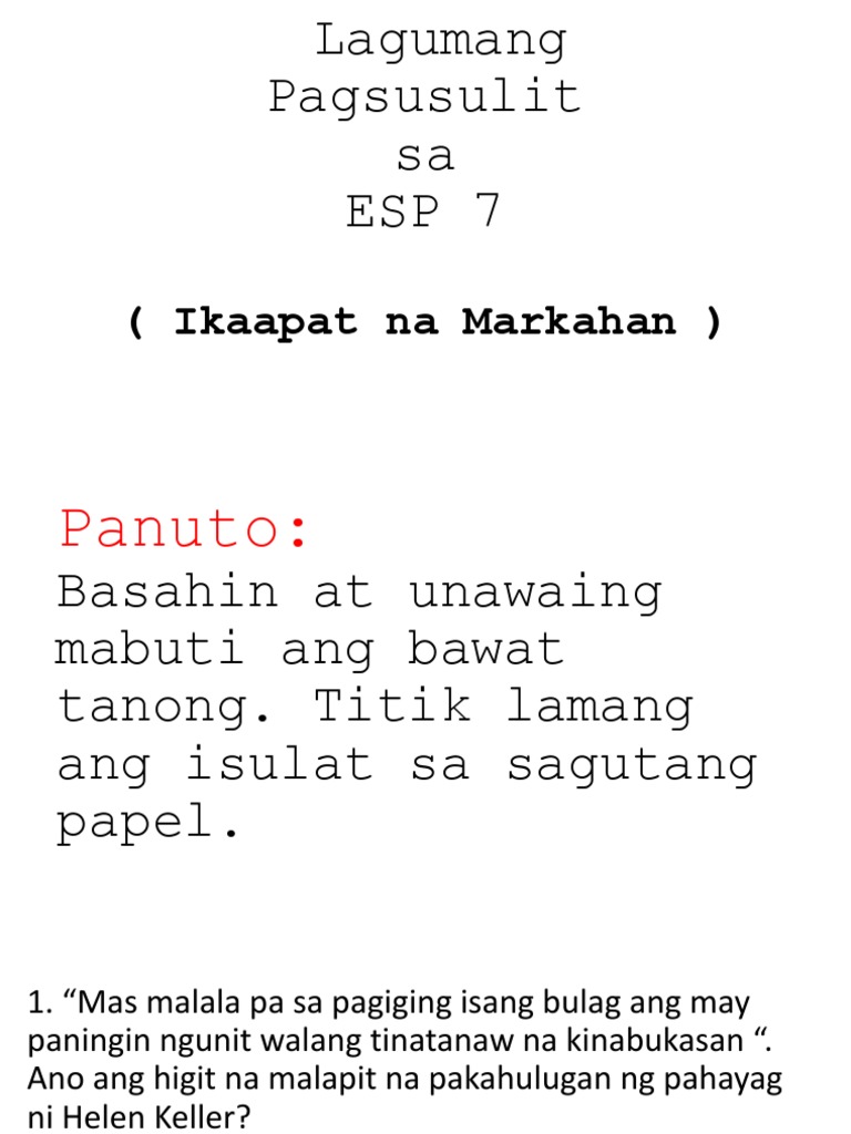 Summative Test in ESP 7 - 4th Quarter MASTERY | PDF