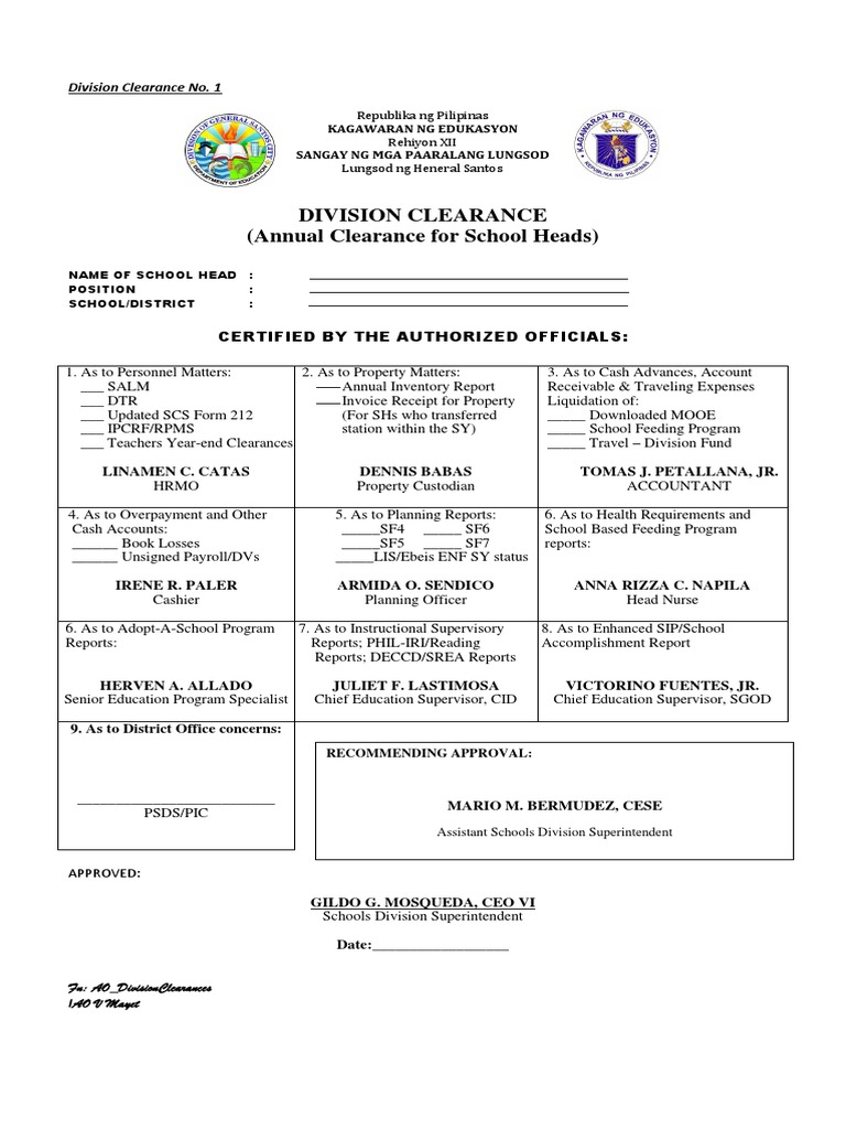 Division Clearance (Annual Clearance For School Heads) : Certified by ...