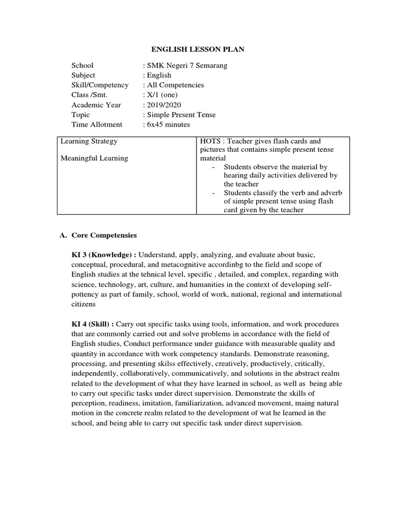 Lesson Plan Simple Present Tense | PDF | Pronoun | Grammatical Number