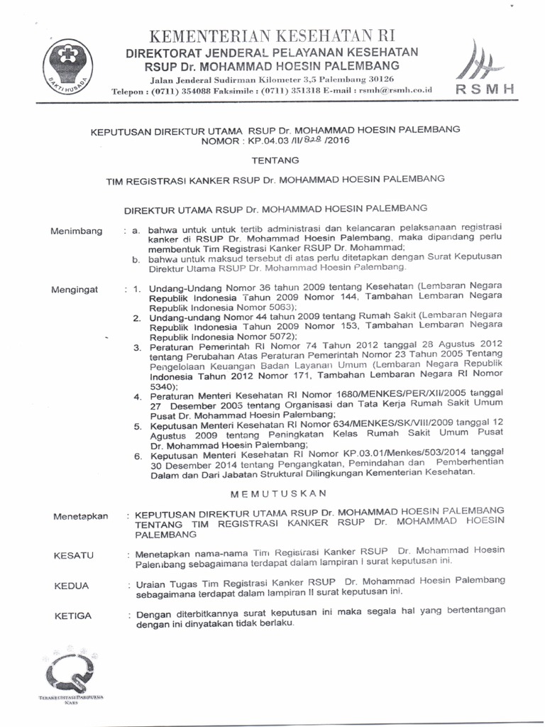 SK Tim Registrasi Kanker RSMH | PDF