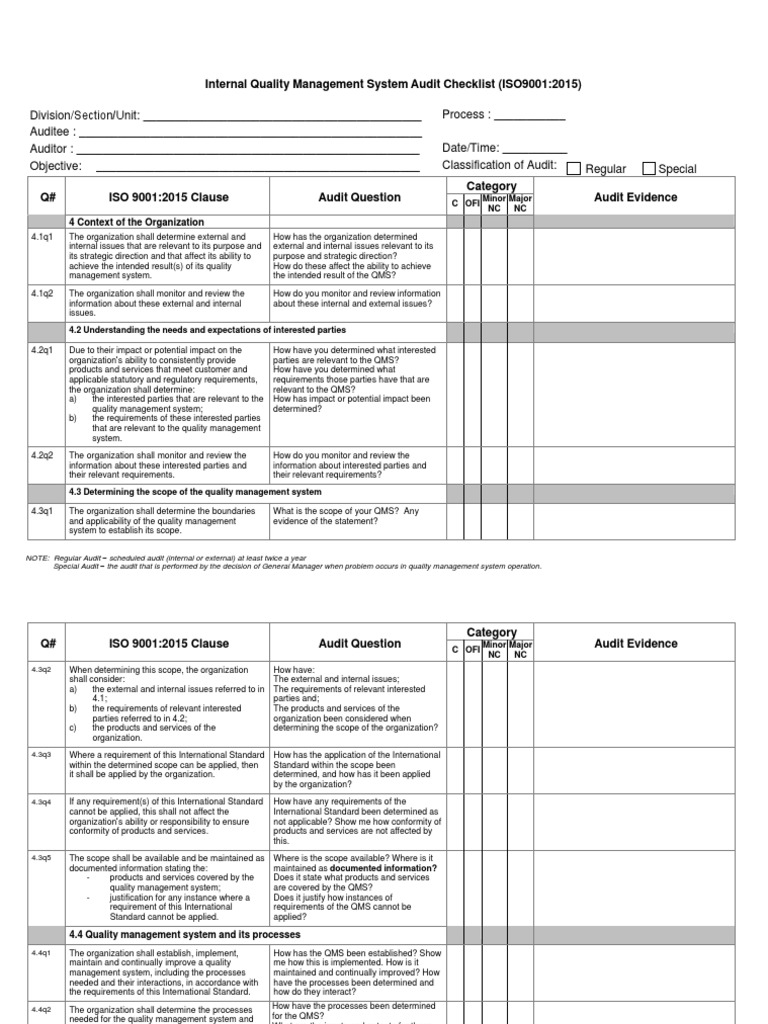 Internal Quality Management System Audit Checklist (ISO9001:2015 ...