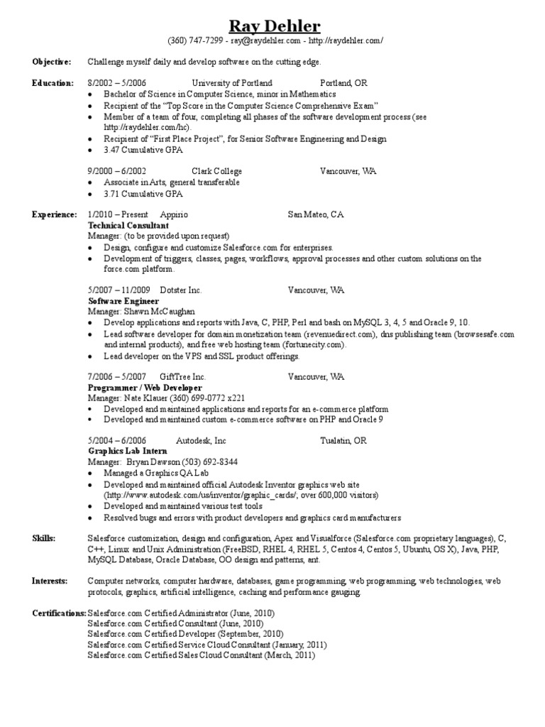 Ray Dehler: Objective: Education | PDF | Salesforce.Com | Programmer