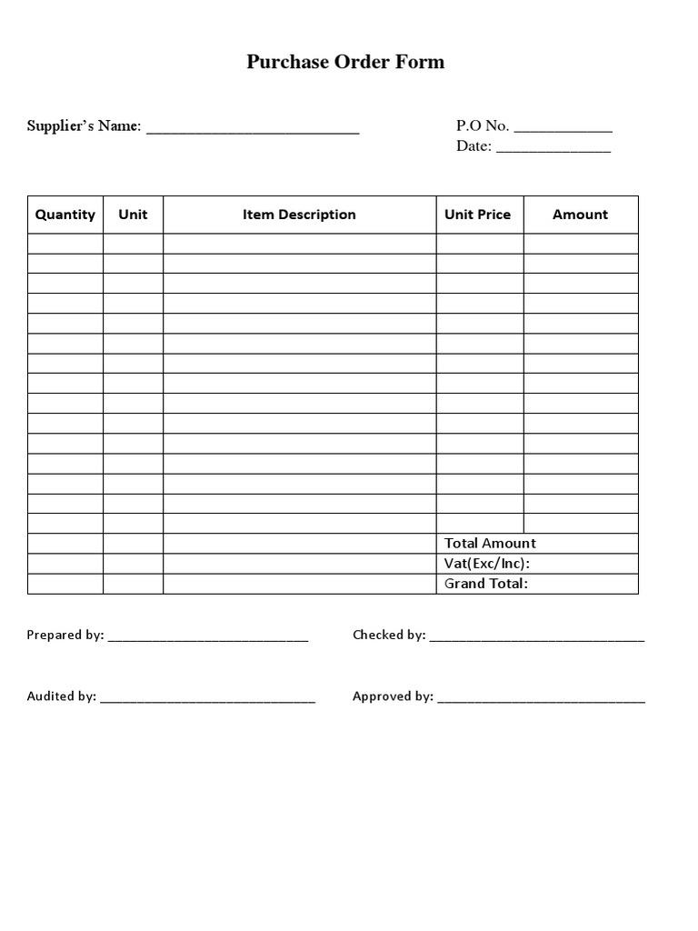 Purchase Order Form: Supplier's Name: - P.O No. - Date | PDF
