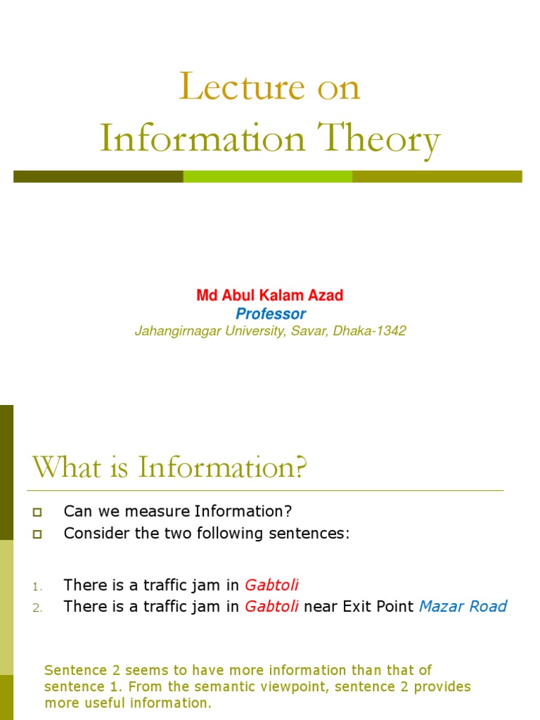 Lecture-1 Information Theory | PDF | Bit | Probability And Statistics