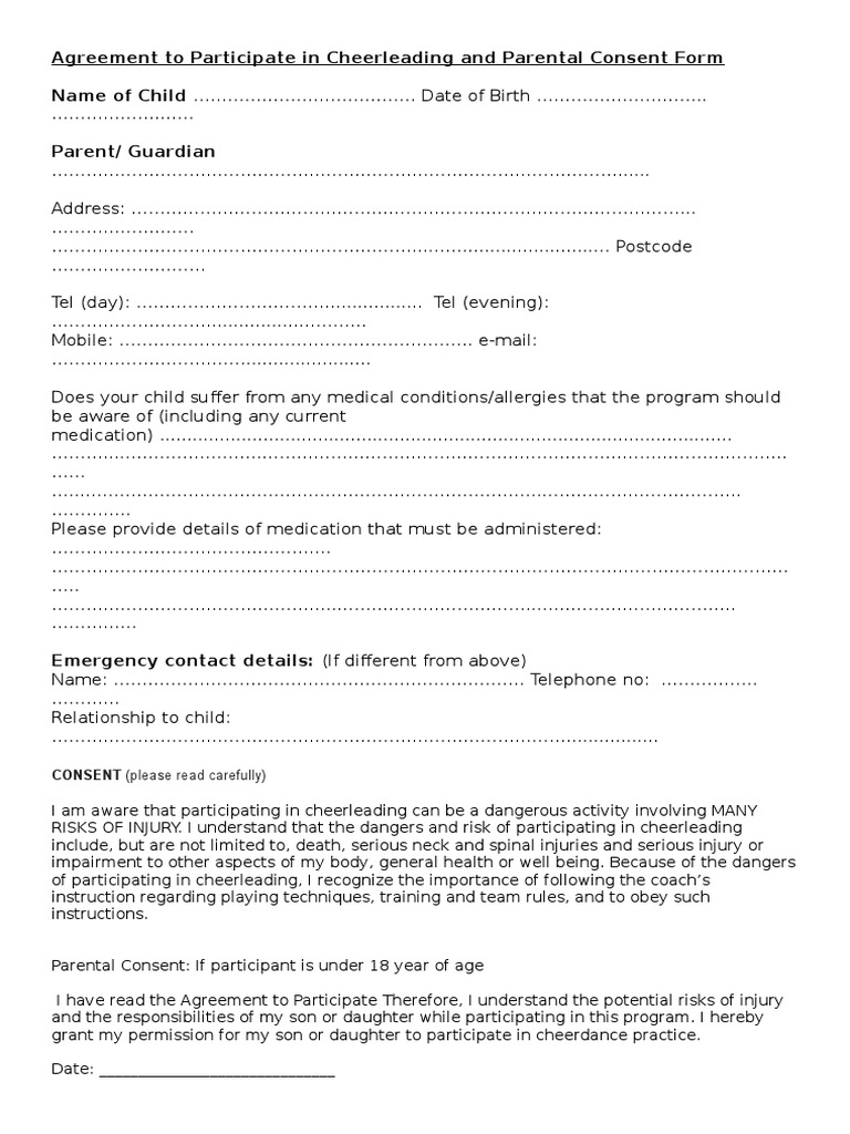 Agreement To Participate in Cheerleading and Parental Consent Form Name ...