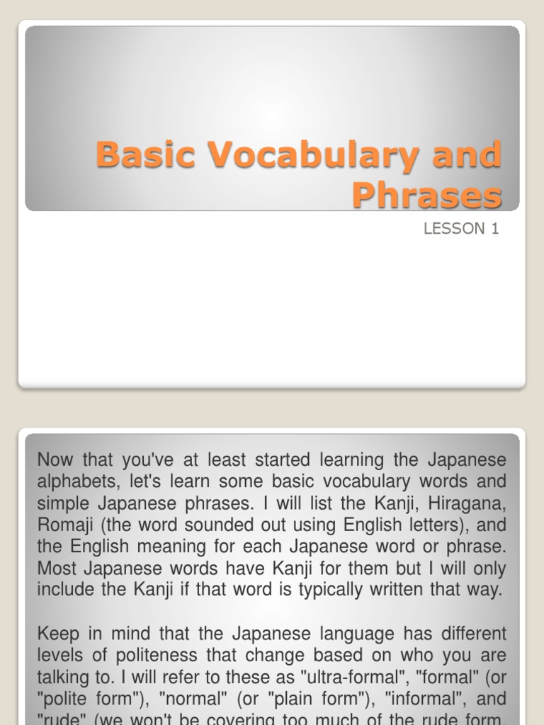Basic Vocabulary and Phrases: Lesson 1 | Download Free PDF | Japanese ...