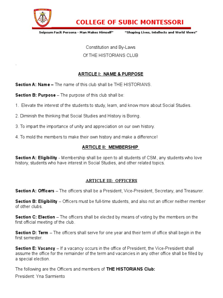 The HISTORIANS Club Constitution and Bylaws Guidelines Real 2 | PDF ...