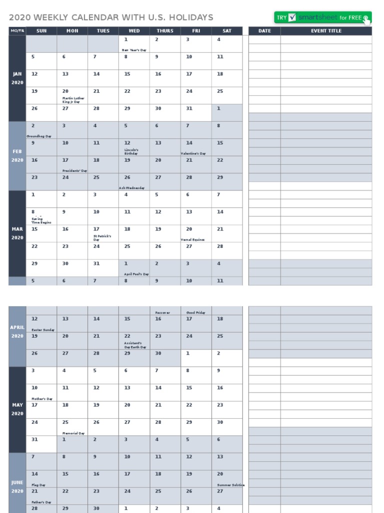 2020 Weekly Calendar with Holidays | PDF | Holidays | Traditions