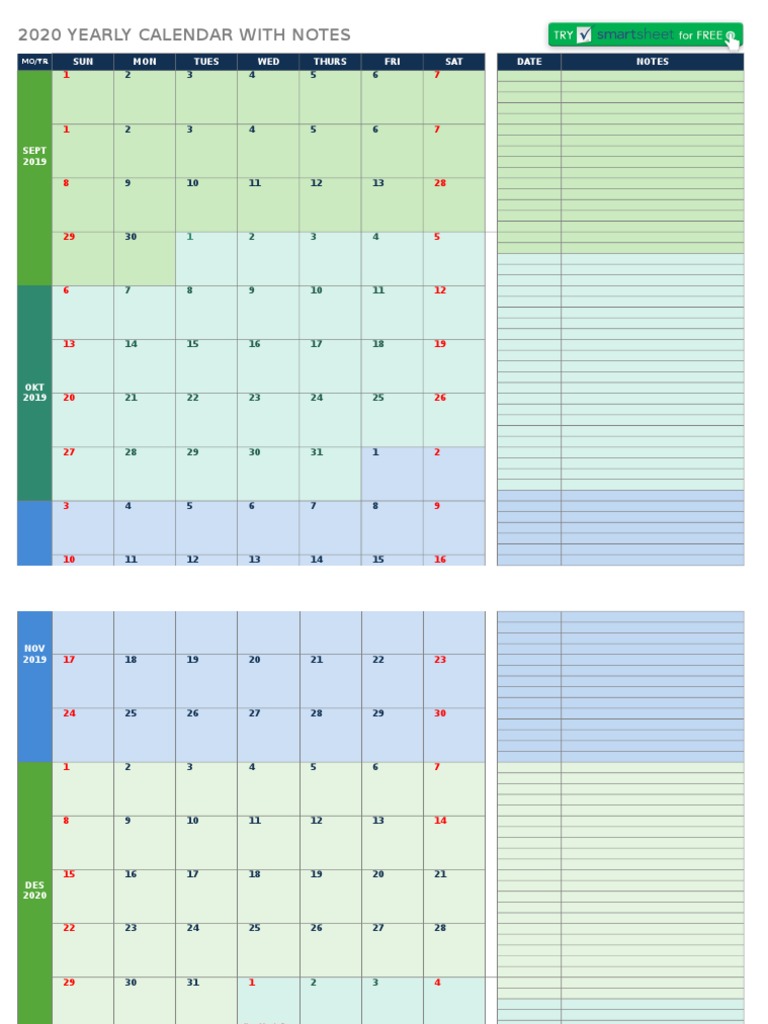 2020 Yearly Calendar with Notes - A Detailed Calendar Showing Monthly ...