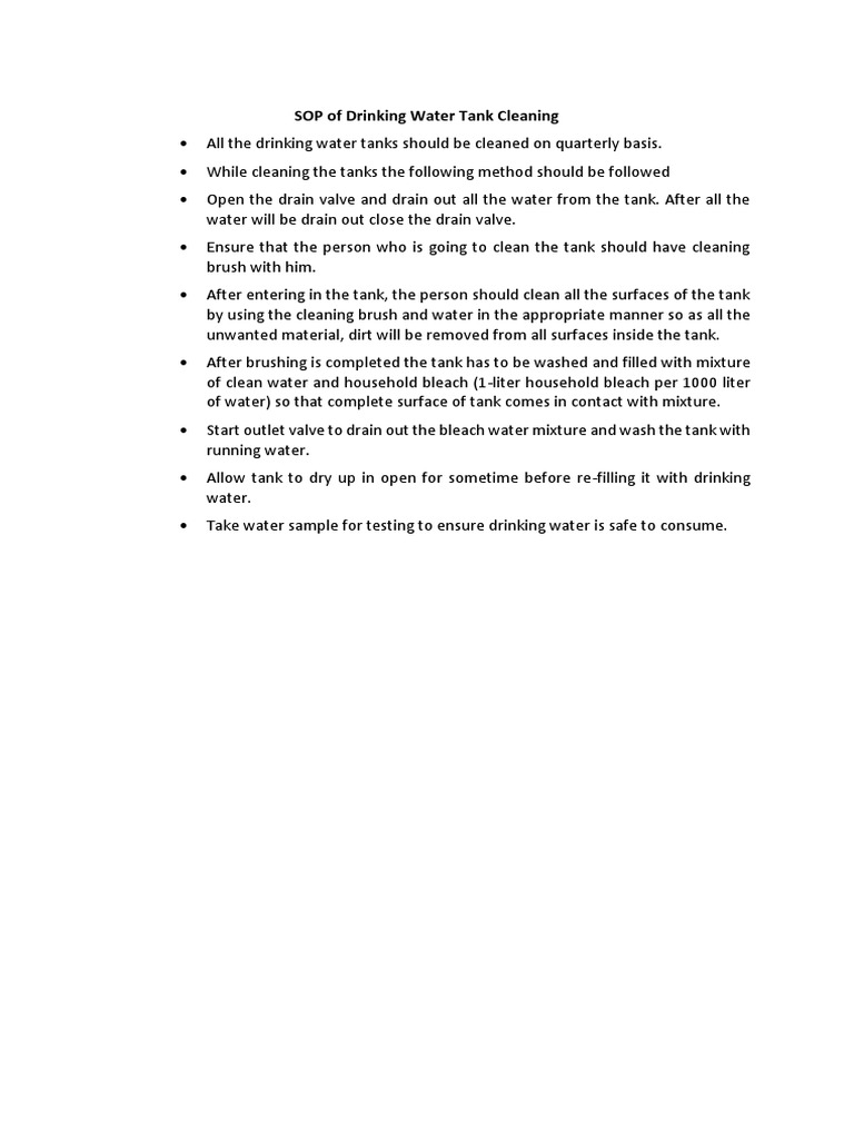 SOP of Drinking Water Tank Cleaning | PDF