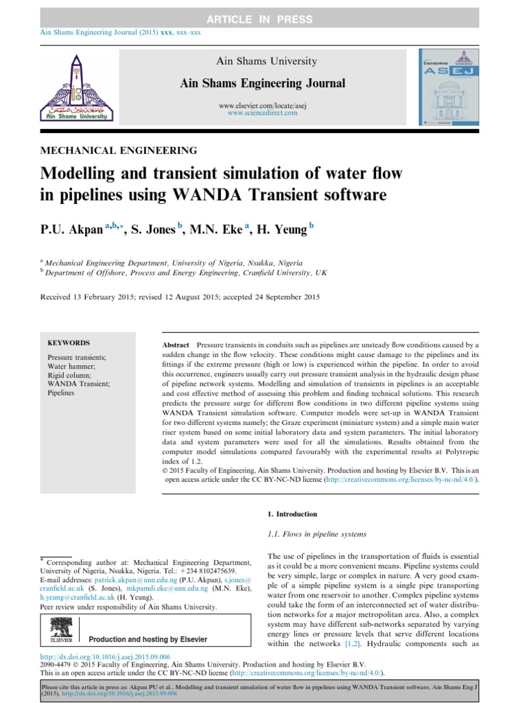 Modelling and Transient Simulation of Water Flow in Pipelines Using Wanda Transient Software ...