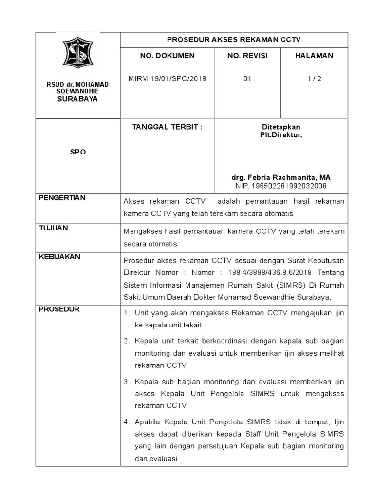 Prosedur Akses Rekaman CCTV No. Dokumen No. Revisi Halaman: Rsud Dr ...