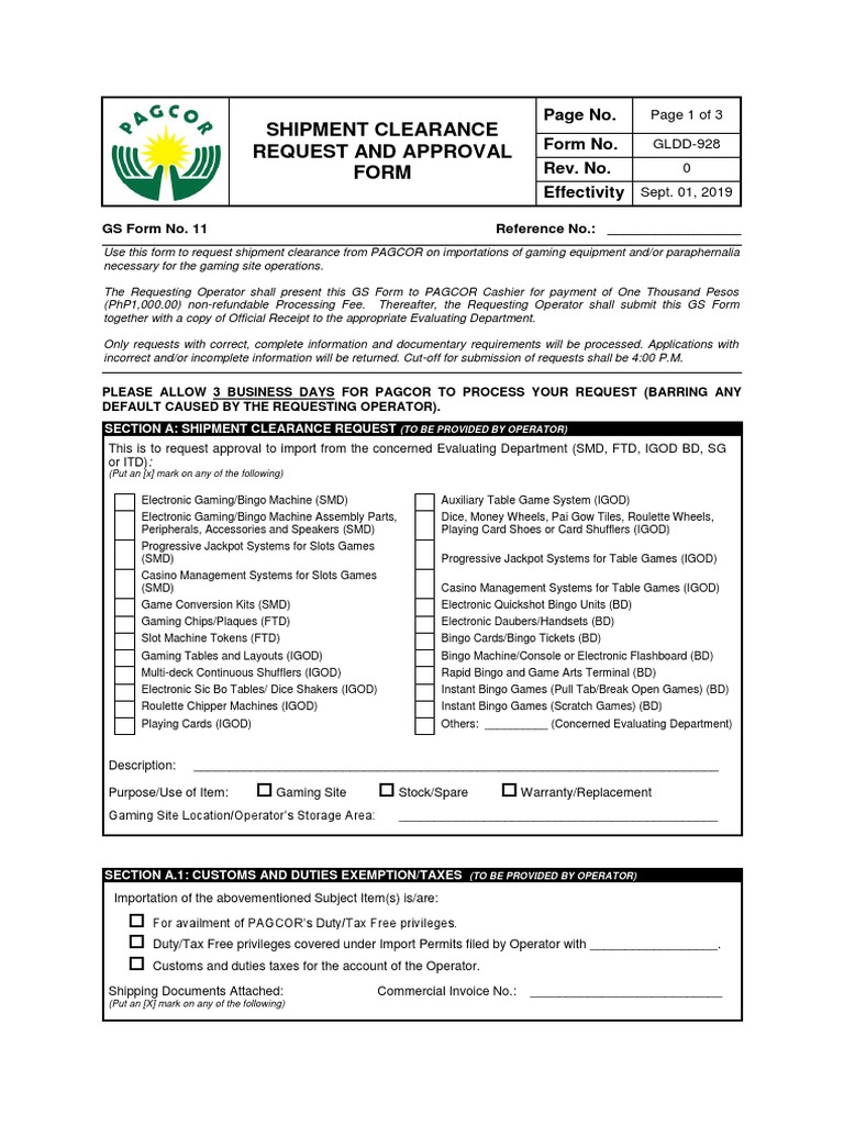 GS Form No. 11 - Shipment Clearance Request and Approval Form | PDF ...