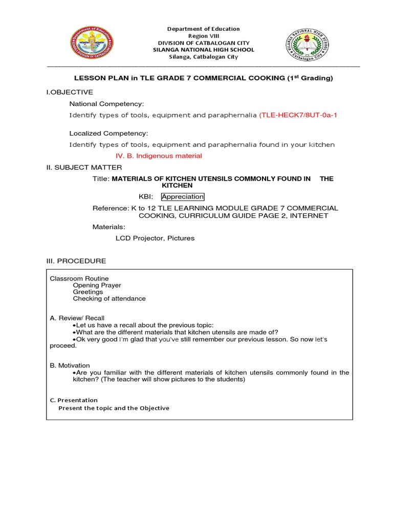 Lesson Plan in Commercial Cooking 1ST Grading | PDF | Kitchen Utensil ...