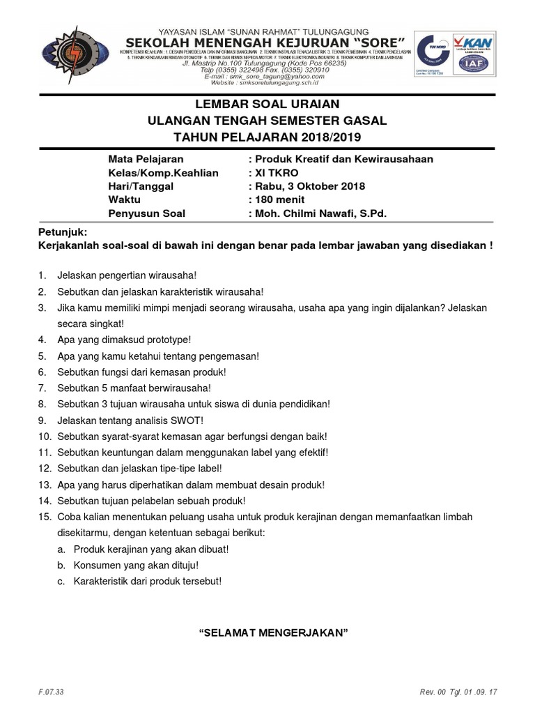 03 Lembar Soal Uraian UTS PKK | PDF