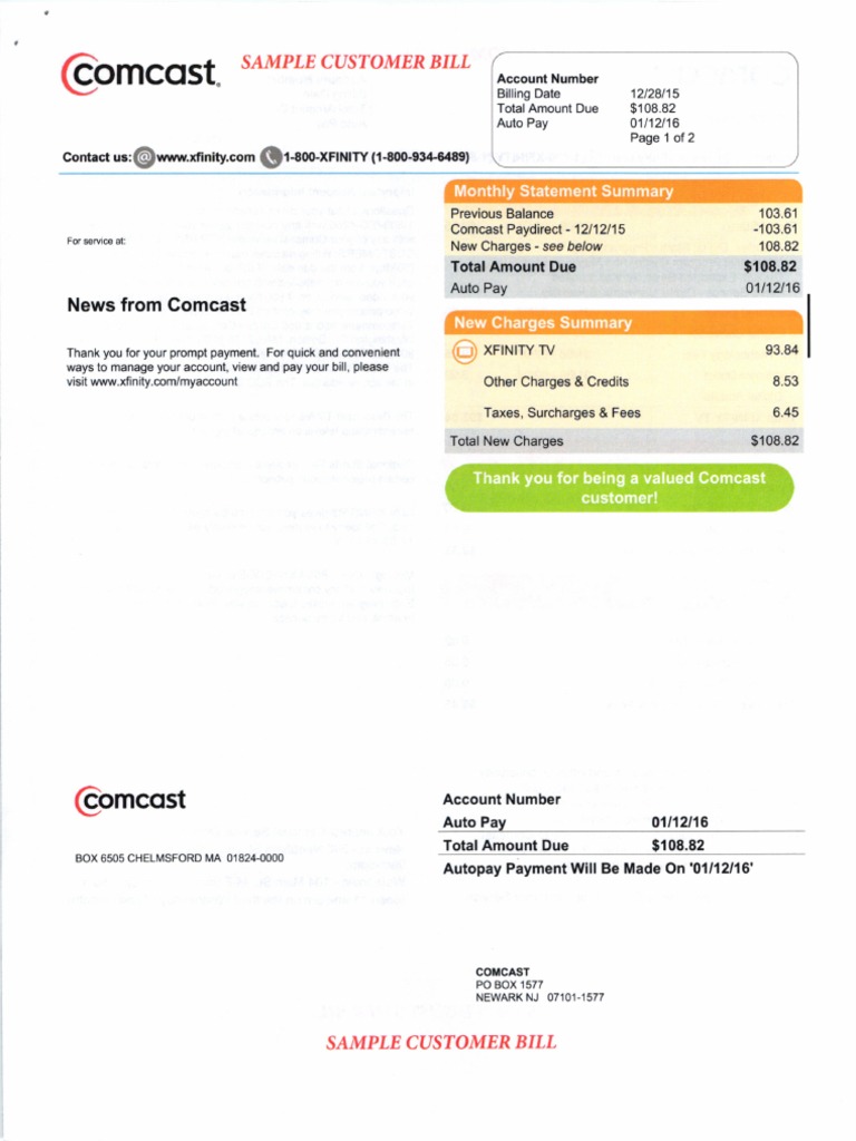 Comcast Sample Customer Bill PDF | PDF | Fee | Digital Television