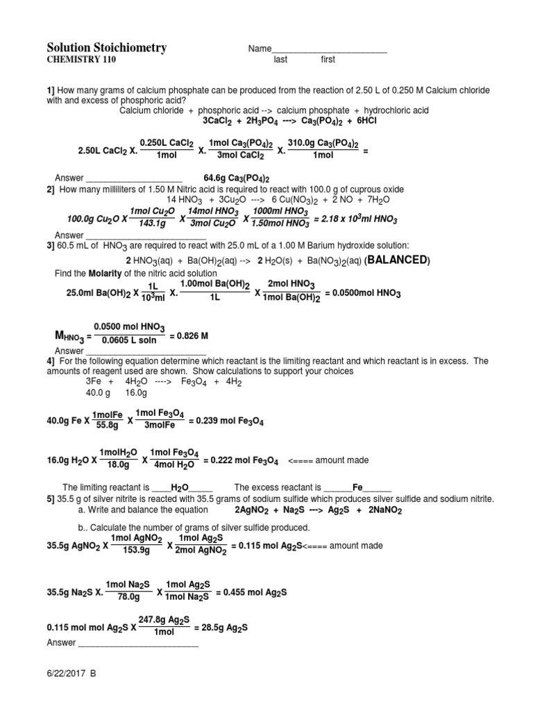 110 WS Solution Stoichiometry Key | PDF | Nitric Acid | Stoichiometry
