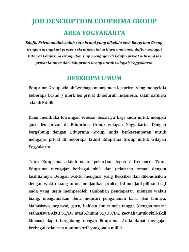 Lowongan Tutor Eduprima Yogyakarta | PDF | Bisnis | Pengembangan Diri