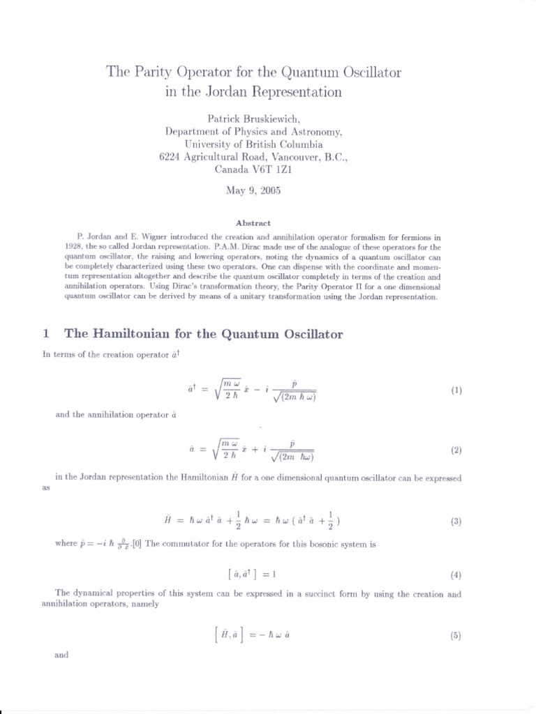 Representation of the Parity Operator for the Quantum Oscillator in the Jordan Representation ...