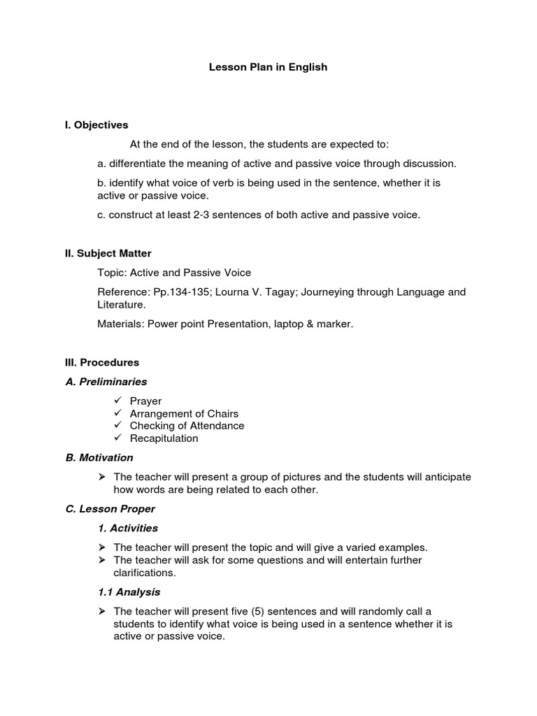 Lesson Plan in Voice of Verb | PDF | Lesson Plan | Psychological Concepts