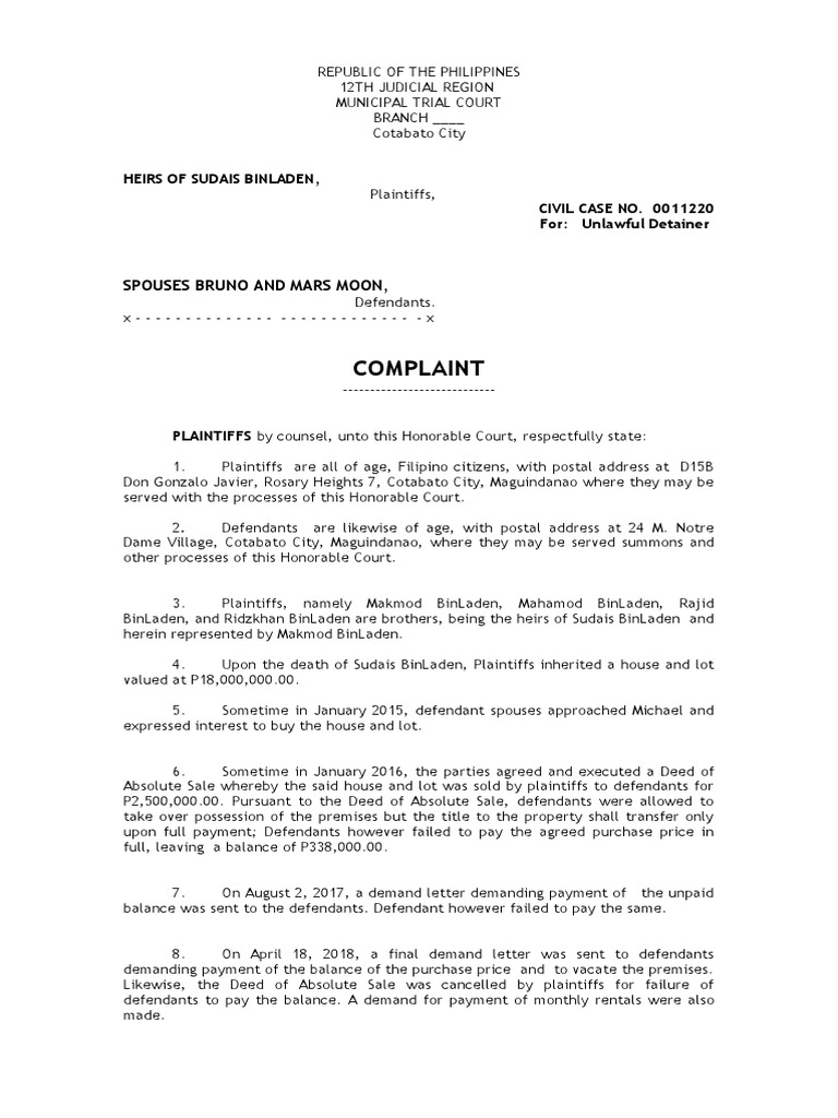 Sample Answer Unlawful Detainer | PDF | Lawsuit | Complaint