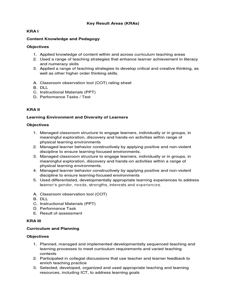 Key Result Areas (Kras) Kra I Content Knowledge and Pedagogy Objectives ...