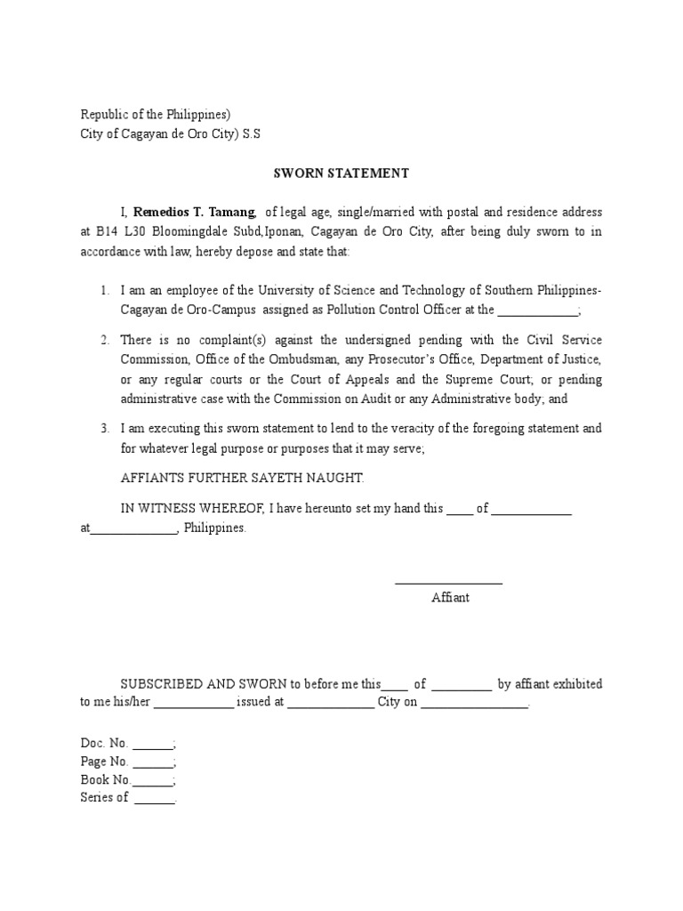 Sworn Statement-Affidavit No Pending Admin Case or Criminal Case | PDF ...