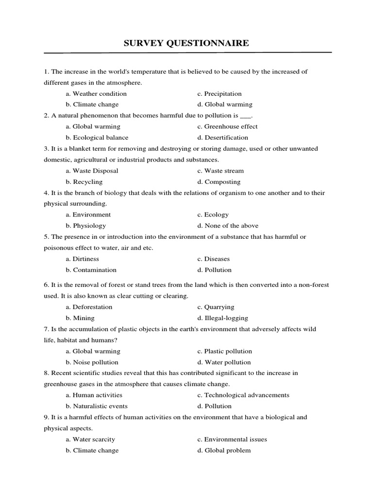 Environmental Awareness Questionnaire | PDF | Pollution | Human Impact ...