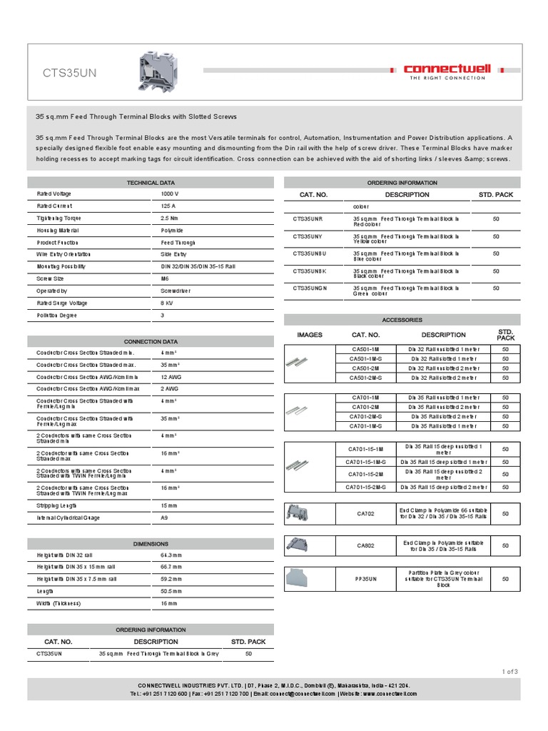 Cts35Un: 35 SQ - MM Feed Through Terminal Blocks With Slotted Screws ...